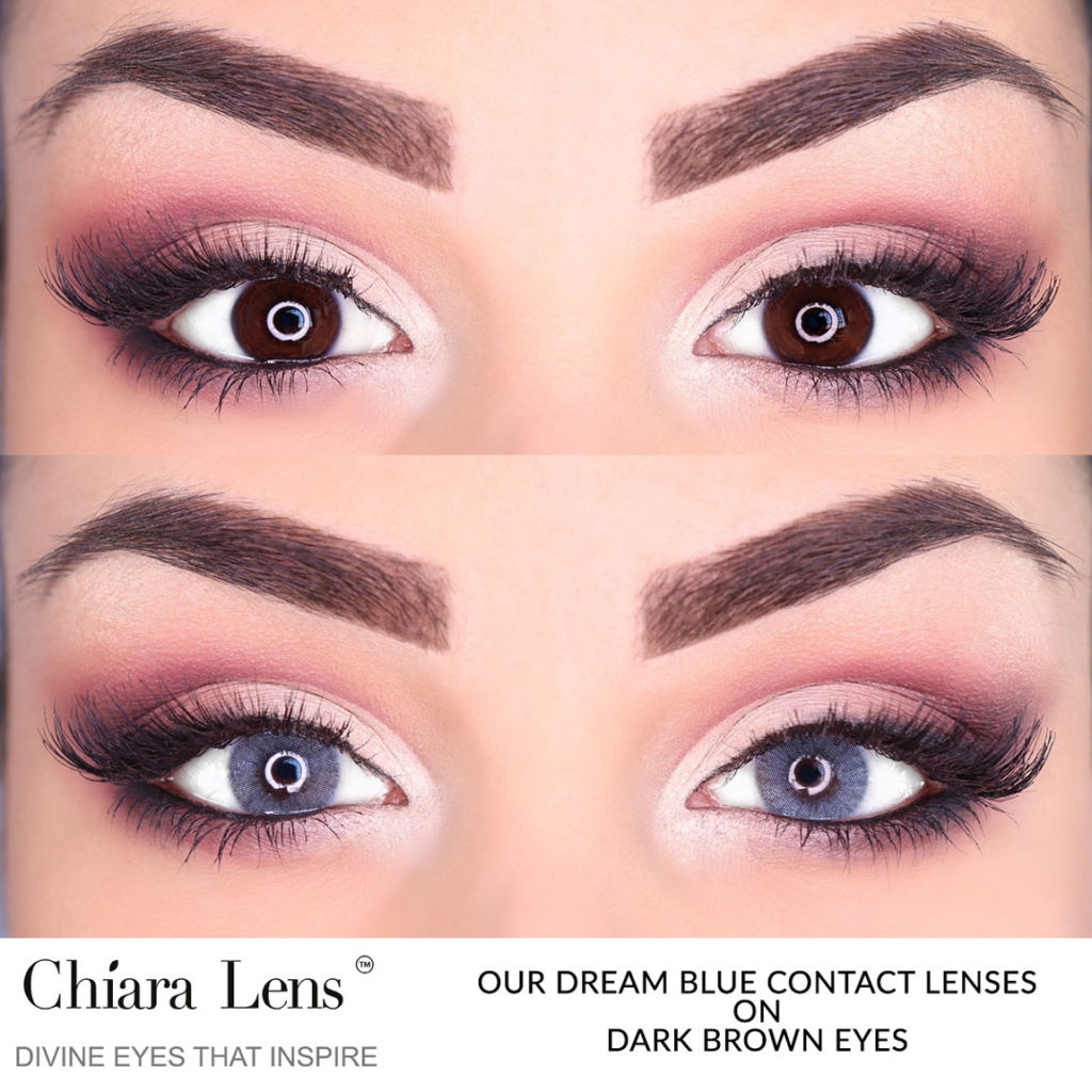 Before & After Blue Contact Lenses on Dark Brown Eyes | Chiara Lens
