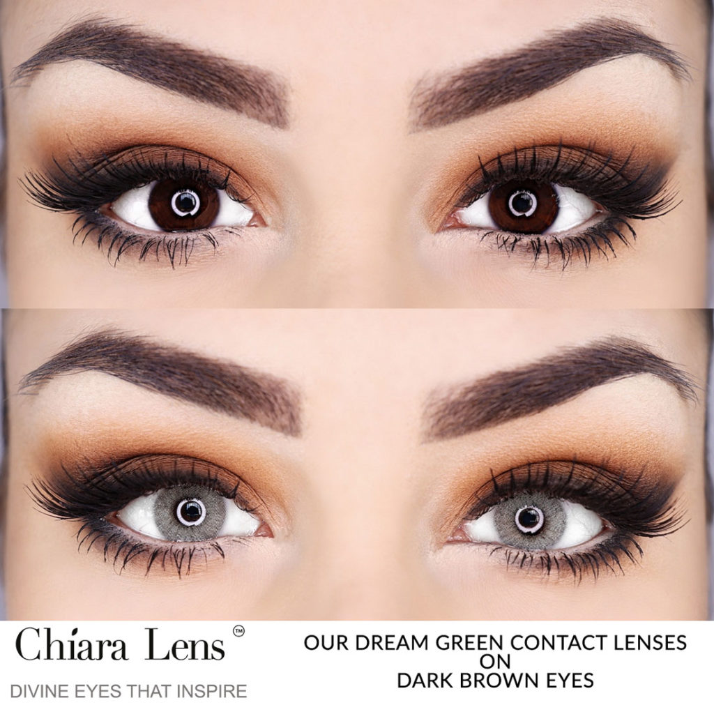 Before & After Green Contact Lenses on Dark Brown Eyes | Chiara Lens